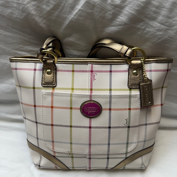 Coach | Bags | Coach Multicolor Plaid Tote With Gold Accents | Poshmark